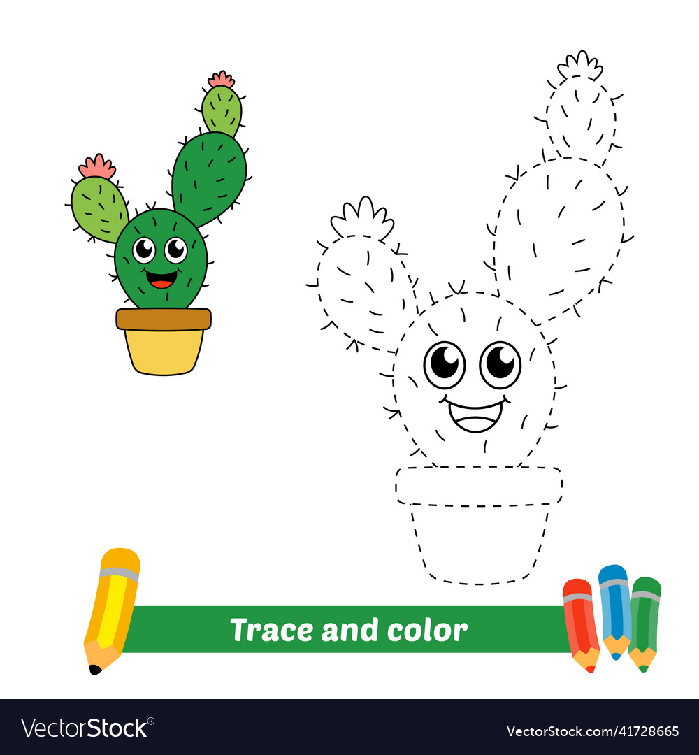 Trace and color for kids cactus Royalty Free Vector Image