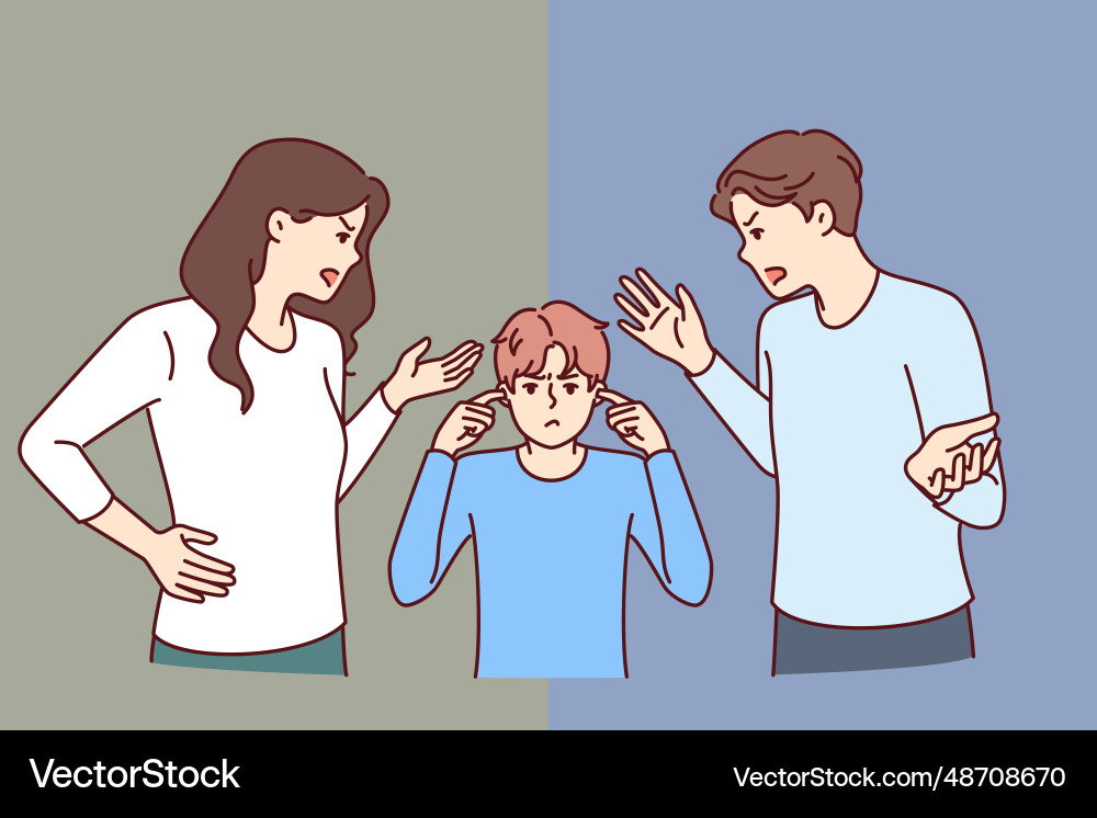 Kid stands between screaming parents scolding son Vector Image