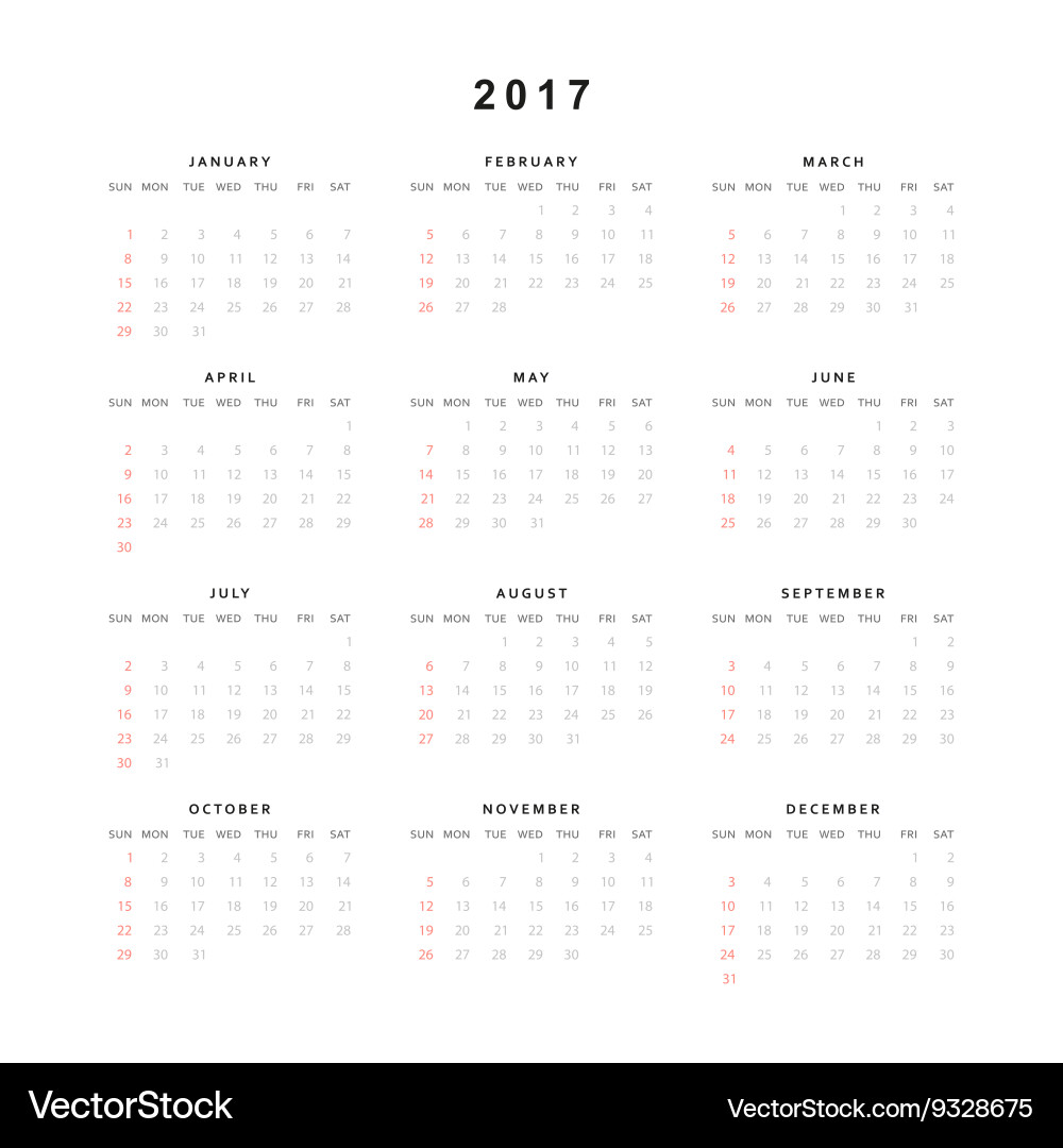 Calendar 2017 year simple style week starts from Vector Image