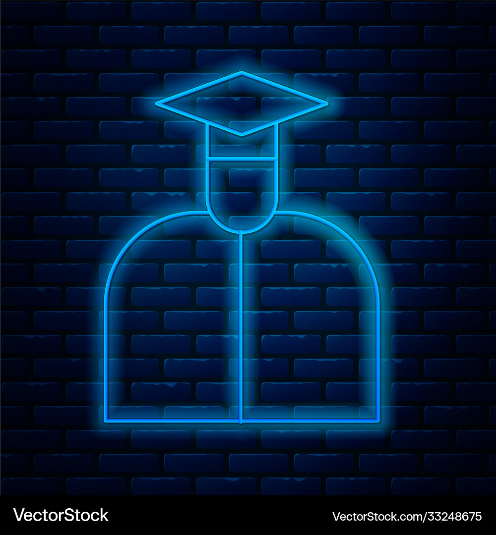Glowing neon line student icon isolated on brick Vector Image