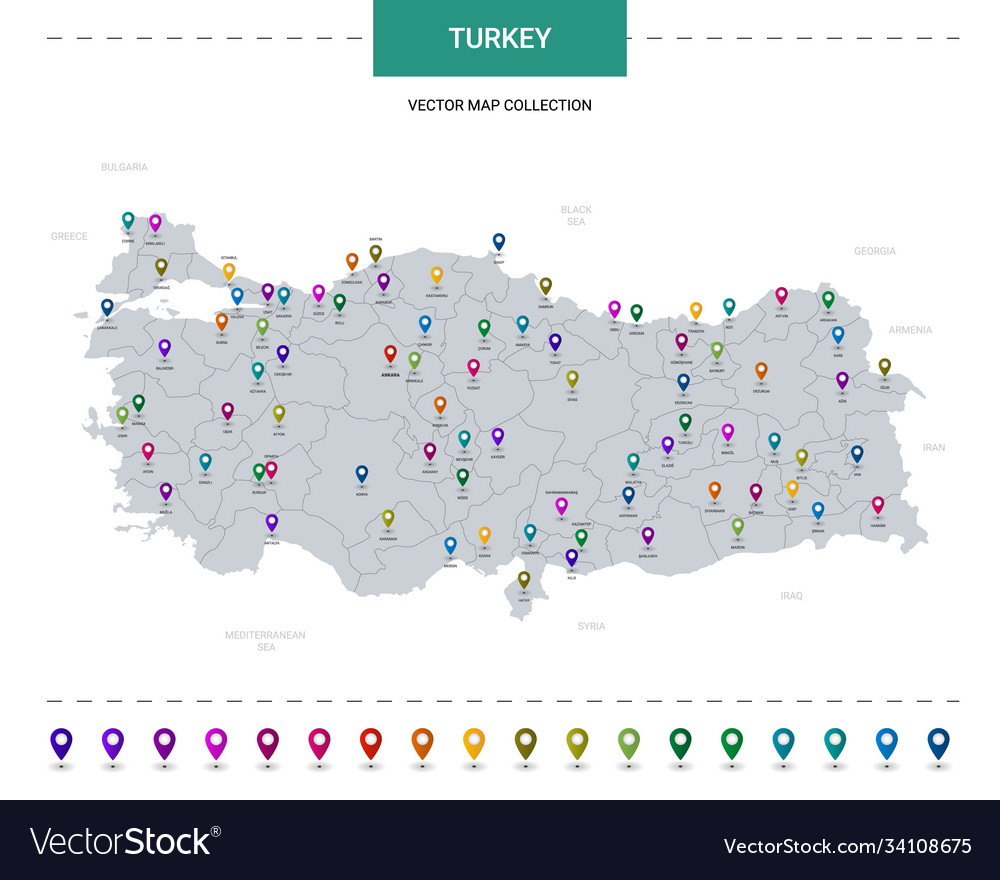 Turkey map with location pointer marks Royalty Free Vector