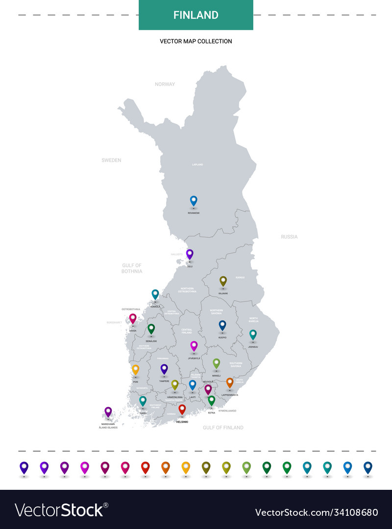 Finland map with location pointer marks Royalty Free Vector