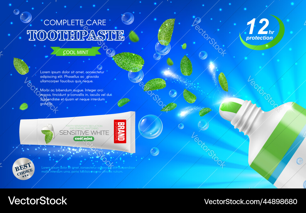 Green mint leaves and dental care toothpaste Vector Image