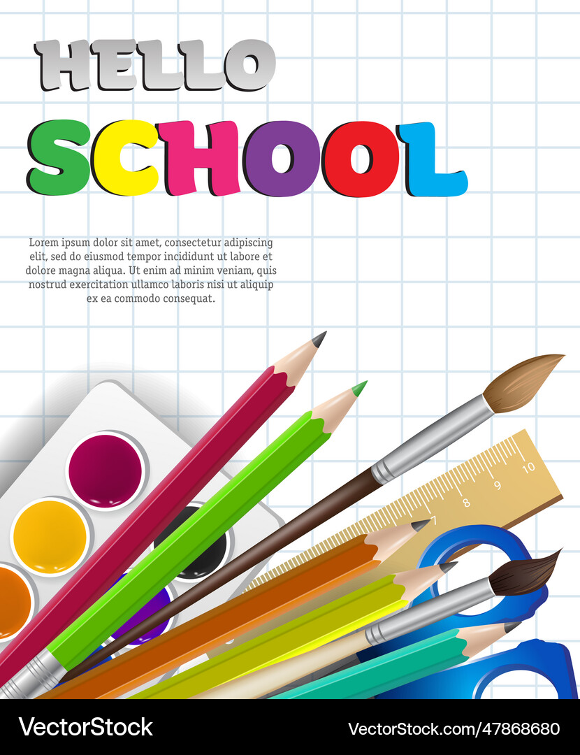 Hello school lettering and supplies Royalty Free Vector