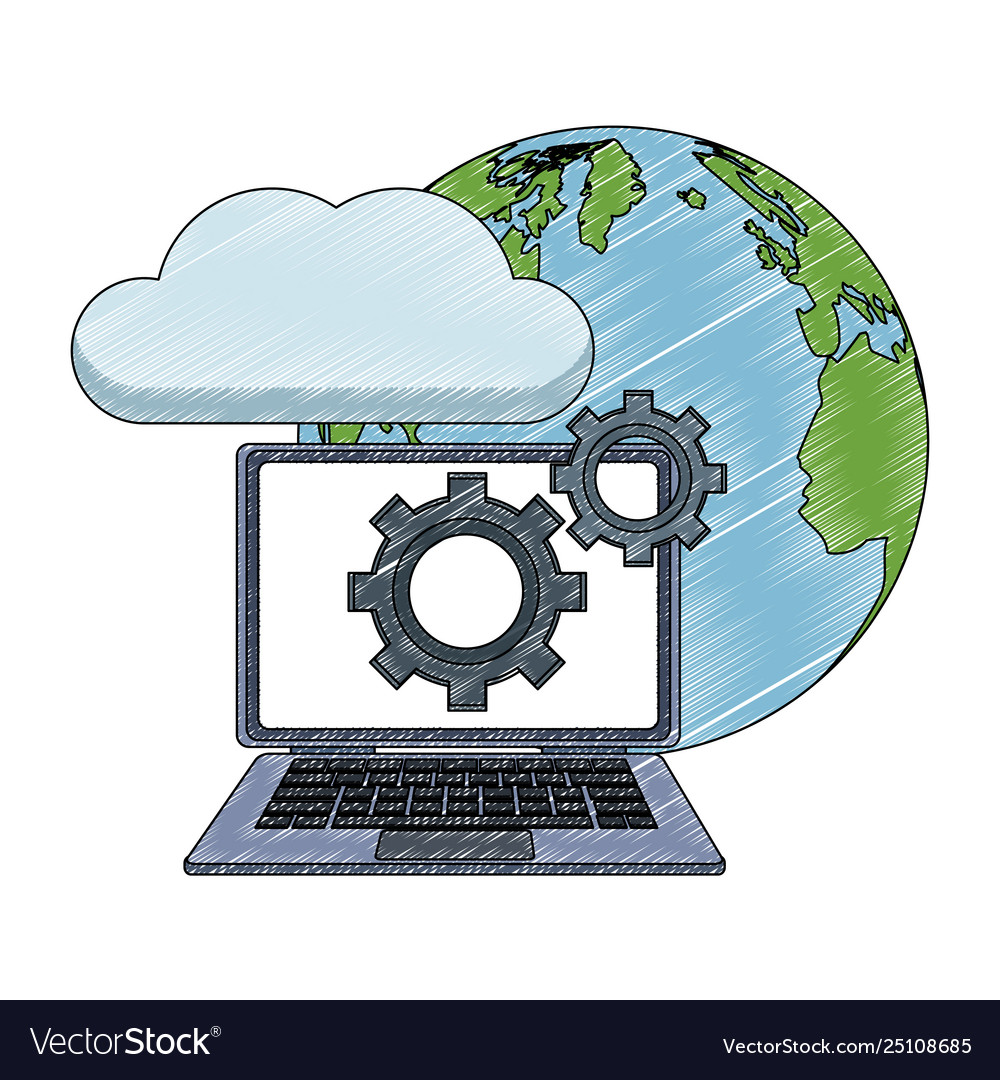 Laptop with global cloud computing scribble Vector Image