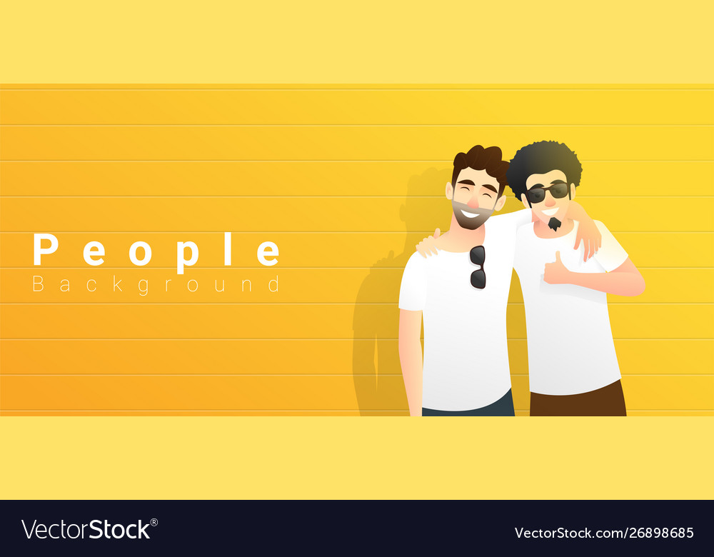 Two young happy men standing on yellow background Vector Image Two young happy men standing on yellow background Vector Image
