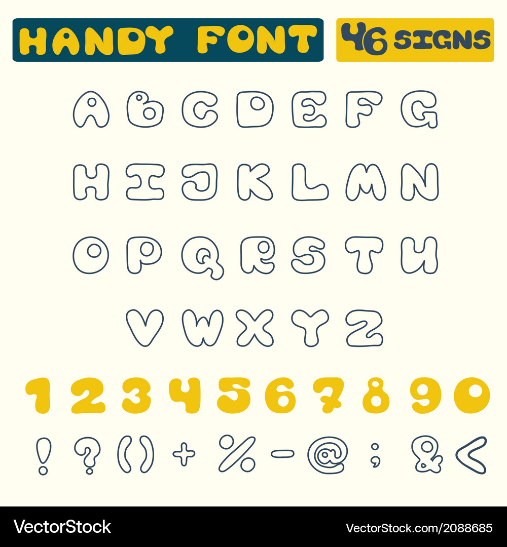 Unique hand-drawn alphabet numbers 46 signs Vector Image
