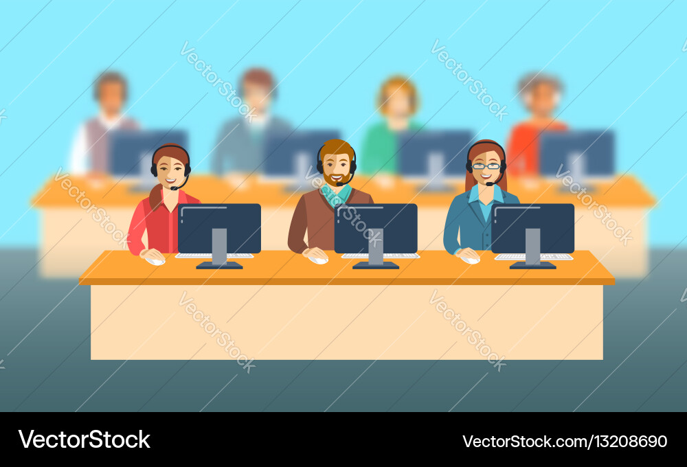 Call center agents team at office flat banner Vector Image