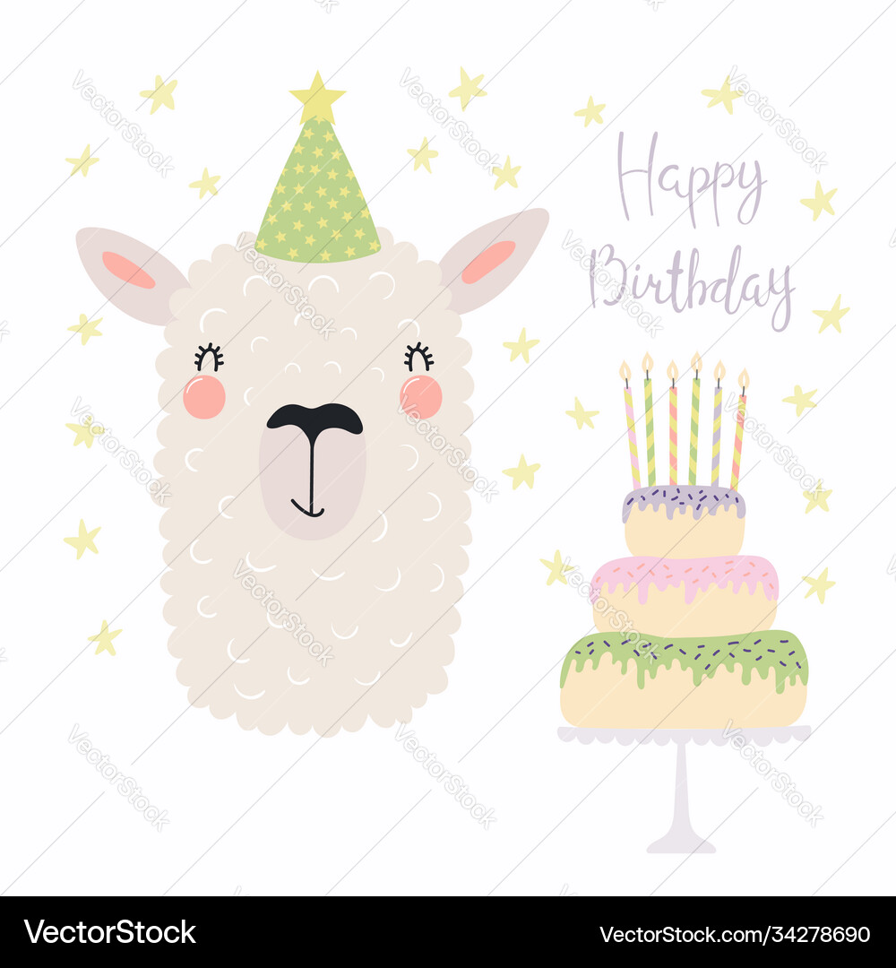 Cute llama birthday card Royalty Free Vector Image