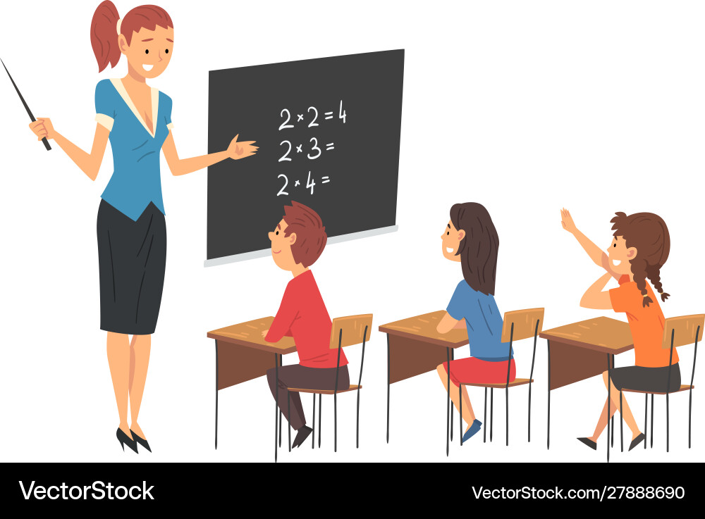 Female teacher teaching students in classroom at Vector Image