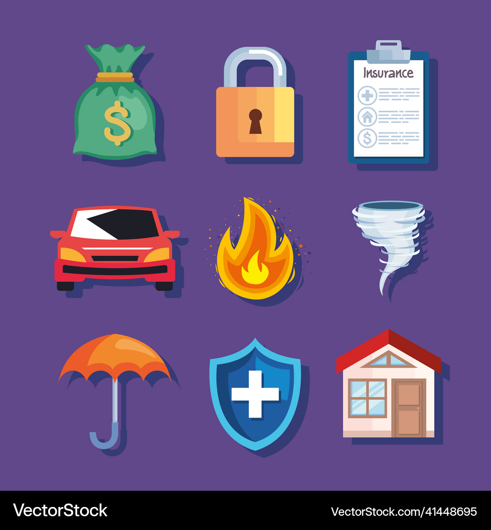 Insurance service nine icons Royalty Free Vector Image