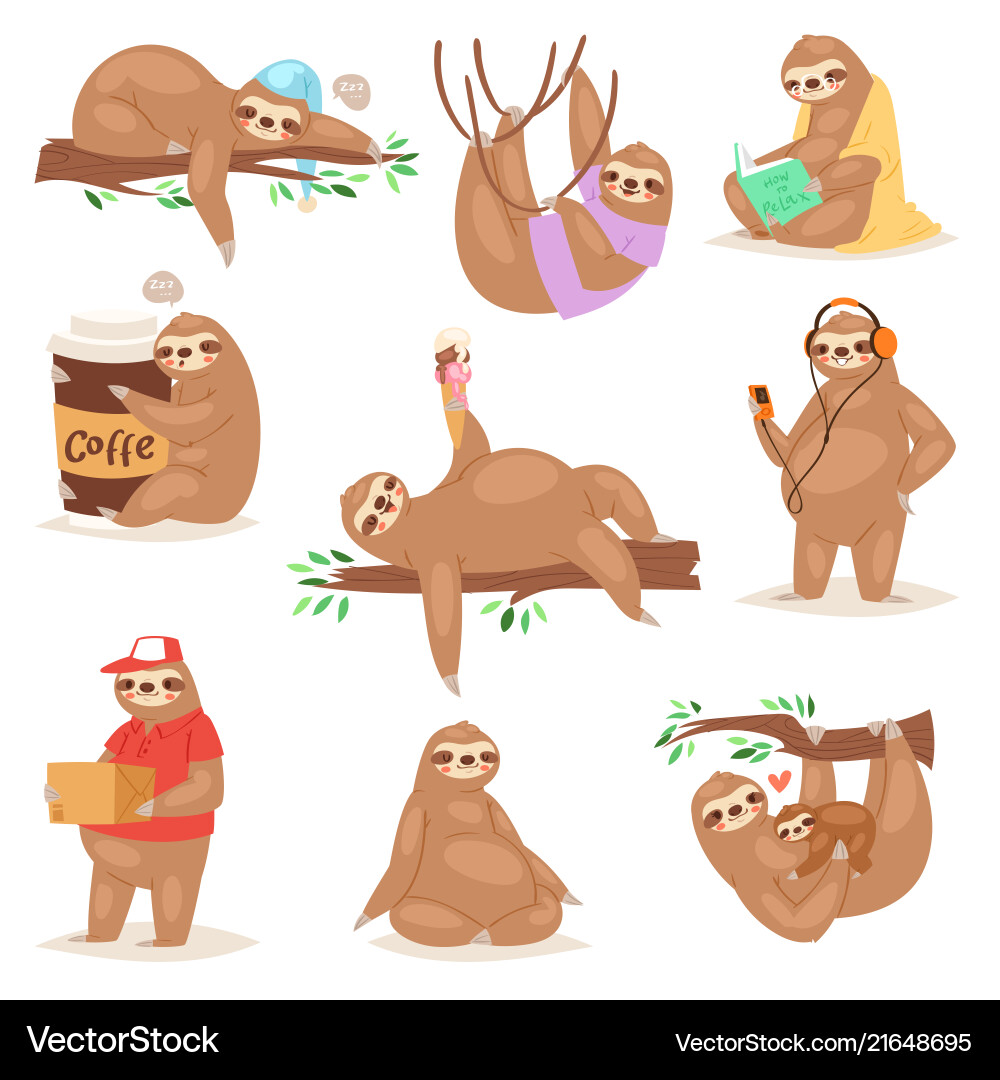 Sloth slothful animal character playing or Vector Image