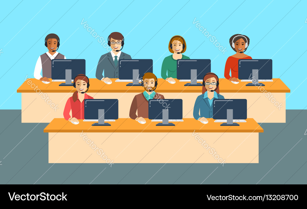 Call center agents team at office flat banner Vector Image