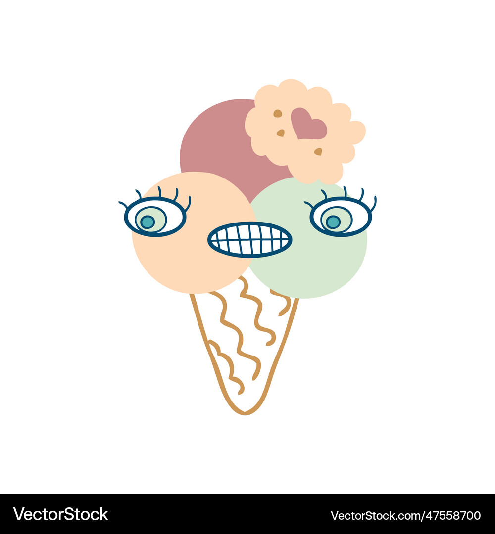 Cute giggle face three balls and cookie ice cream Vector Image