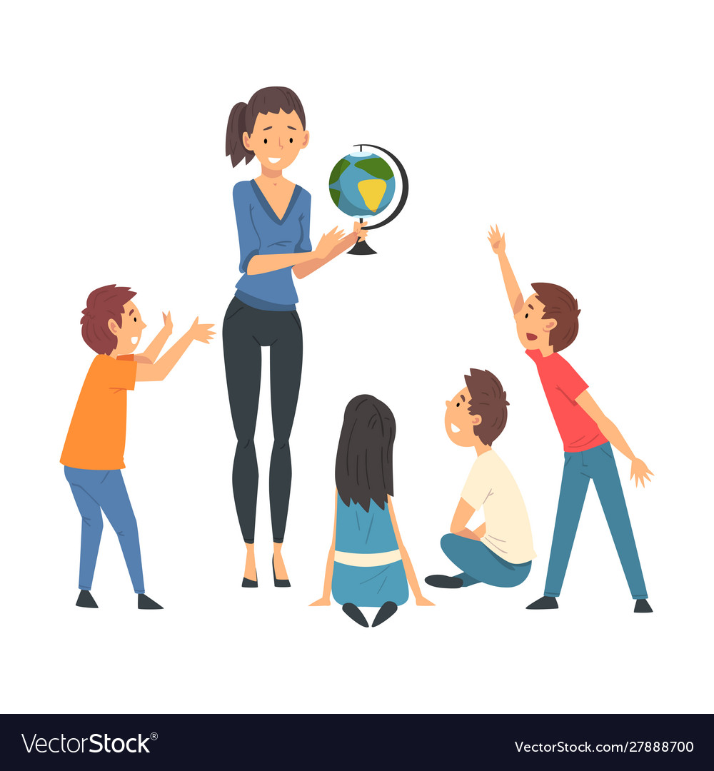 Female teacher teaching students in classroom at Vector Image