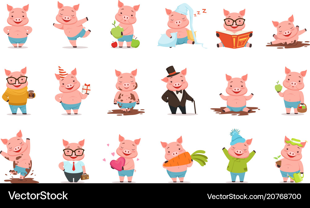 Little cartoon pigs characters posing in different