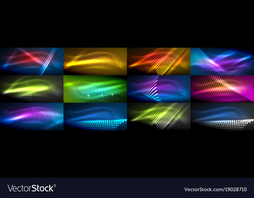 Set glowing neon particles waves Royalty Free Vector Image