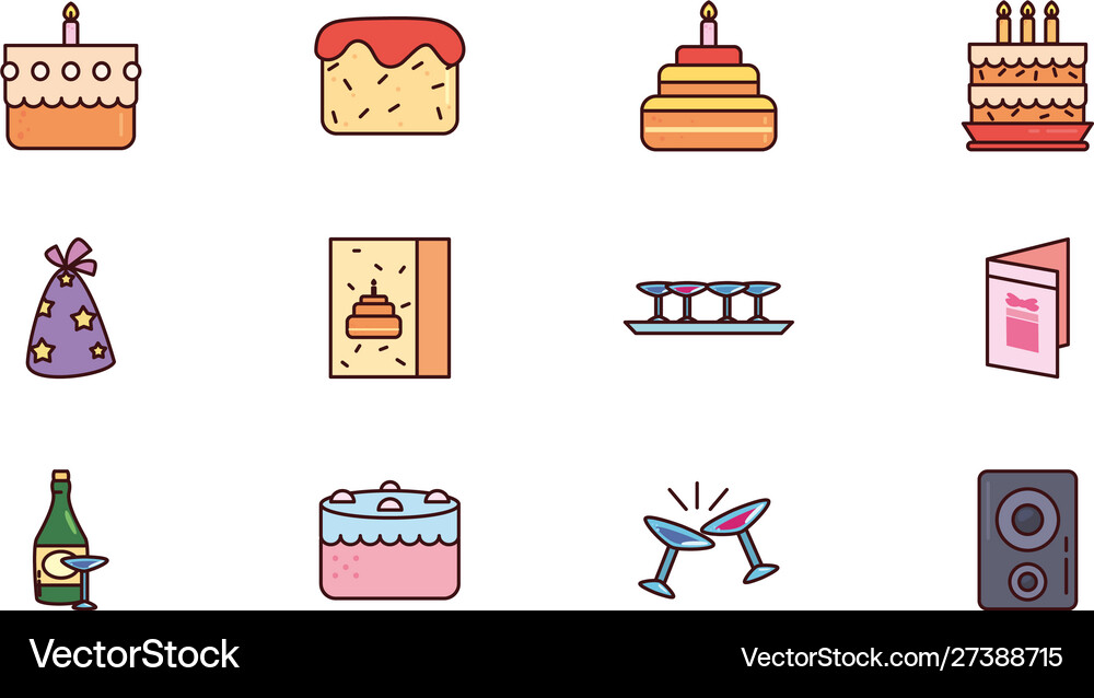 Bundle birthday with icons set Royalty Free Vector Image