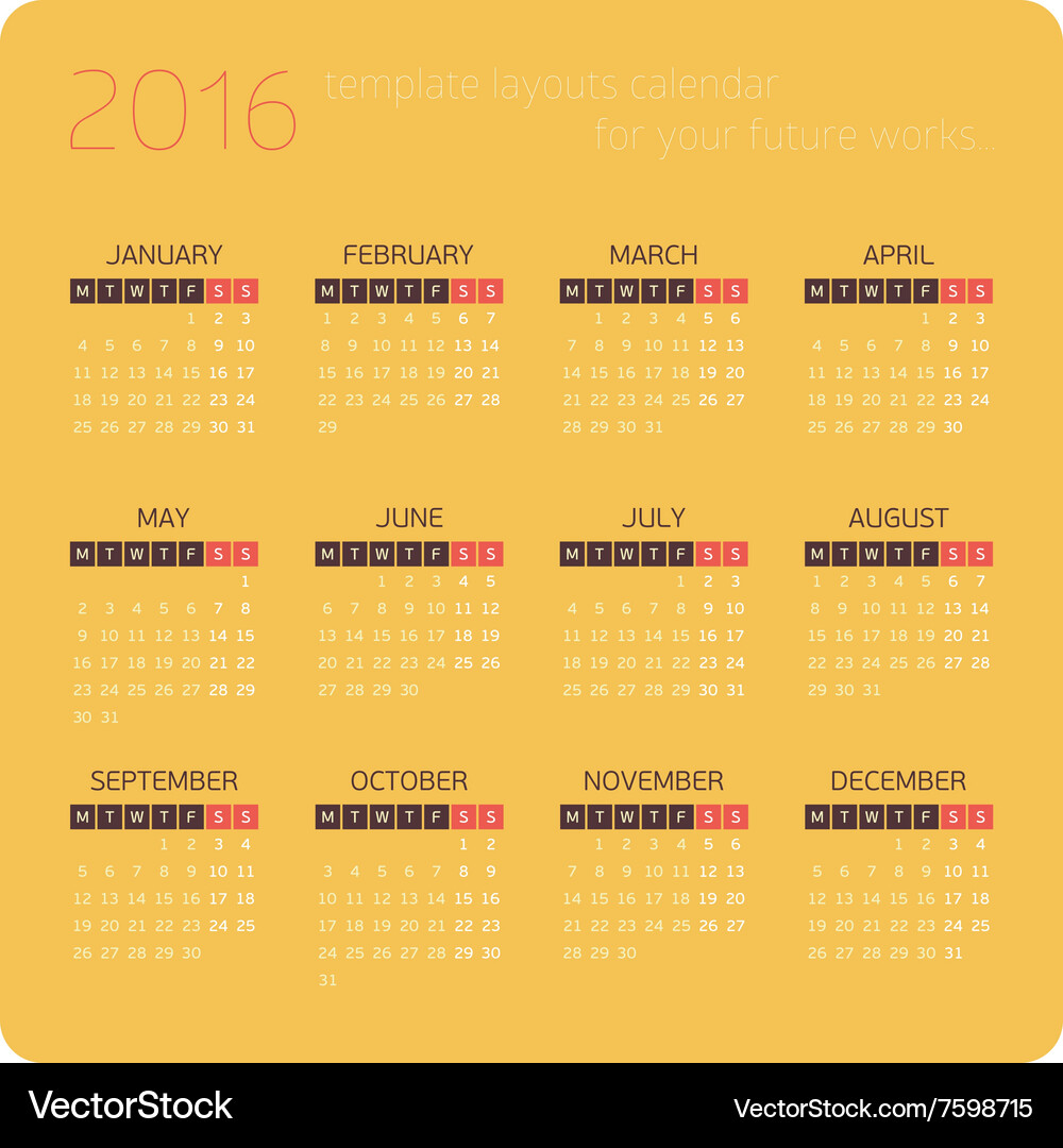 Calendars for 2016 orange Royalty Free Vector Image