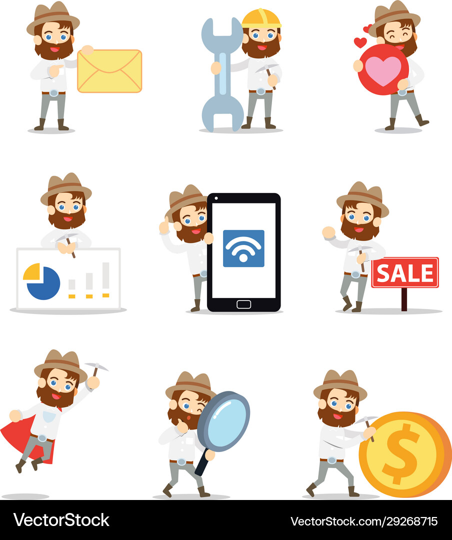 Set character man as a prospector gold Royalty Free Vector