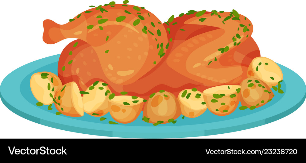 Fried chicken served with potatoes on a plate Vector Image