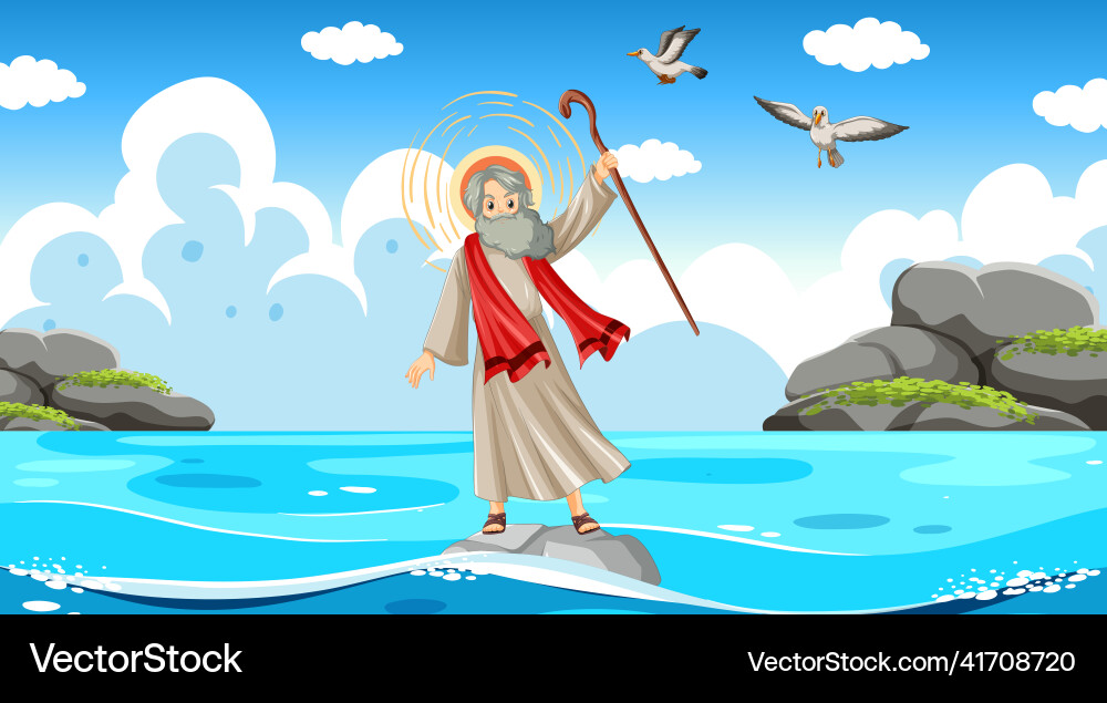 Moses cartoon character with sea background Vector Image