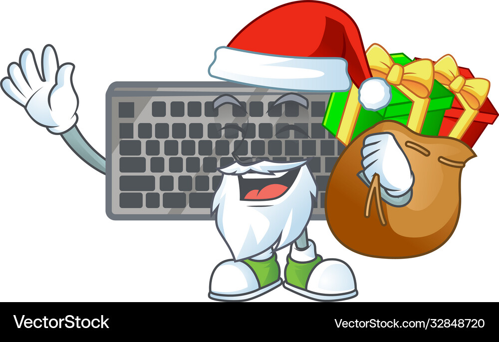 Santa black keyboard cartoon having a sack gift Vector Image