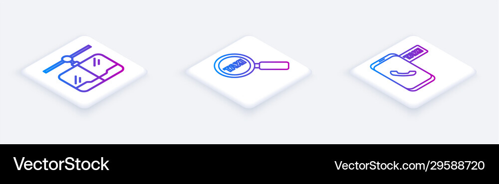 Set isometric line cable car magnifying glass Vector Image