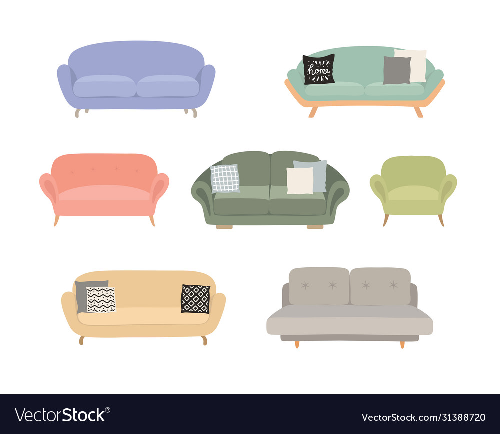 Sofa colored set comfortable couch Royalty Free Vector Image