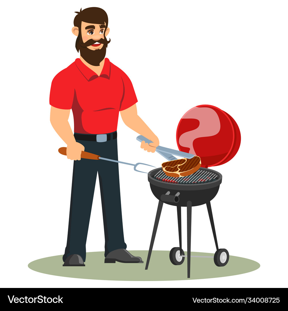 A man is cooking barbecue in his backyard Vector Image