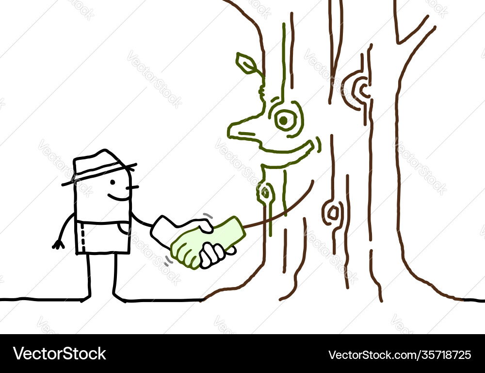 Cartoon gardener shaking hand with a smiling tree Vector Image
