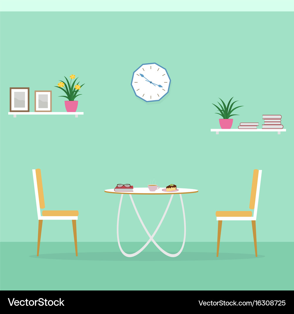 Dinner room interior with coffee dessert book Vector Image