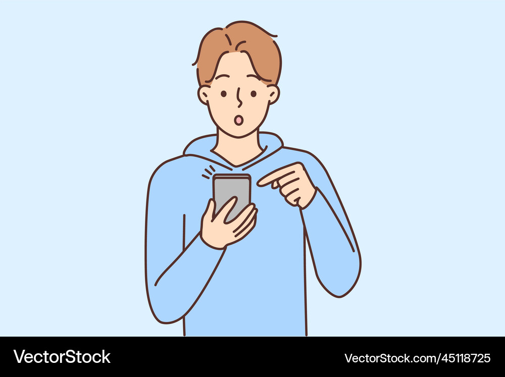 Stunned man shocked with message on cellphone Vector Image