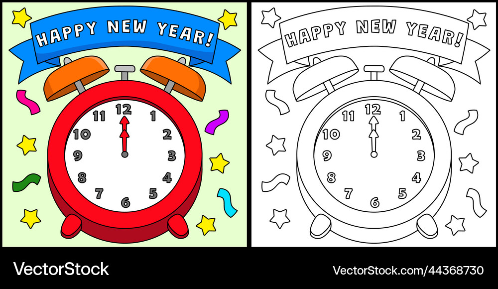 Happy new year clock coloring page Royalty Free Vector Image