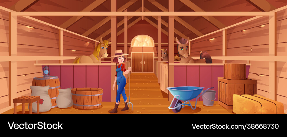 Interior inside stable with horses and woman Vector Image