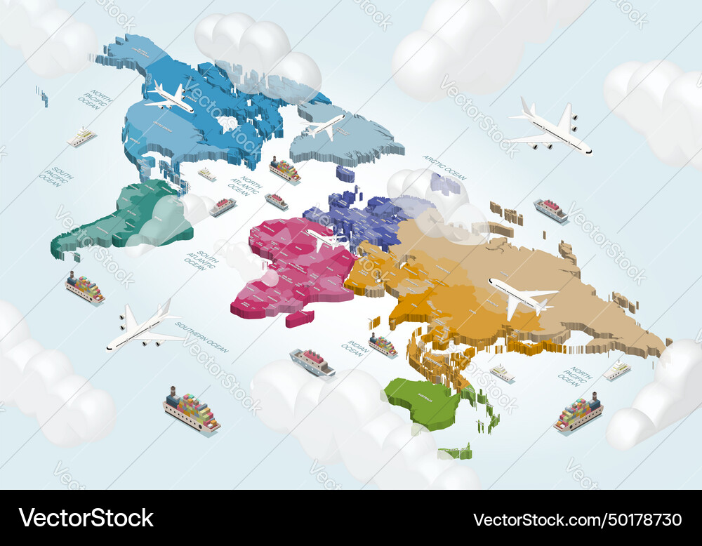 World political map with airplanes ships Vector Image