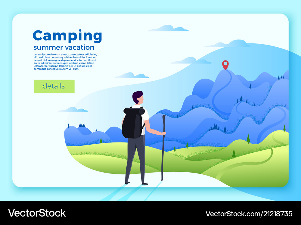 Camping banner man looking on forest mountains Vector Image