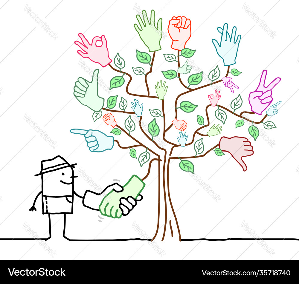 Cartoon gardener shaking hands with a tree and Vector Image