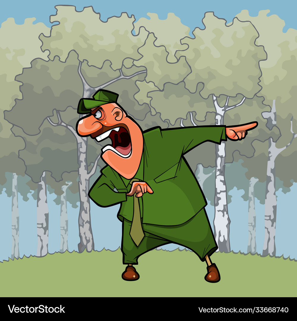Cartoon man in birch forest shouting pointing Vector Image