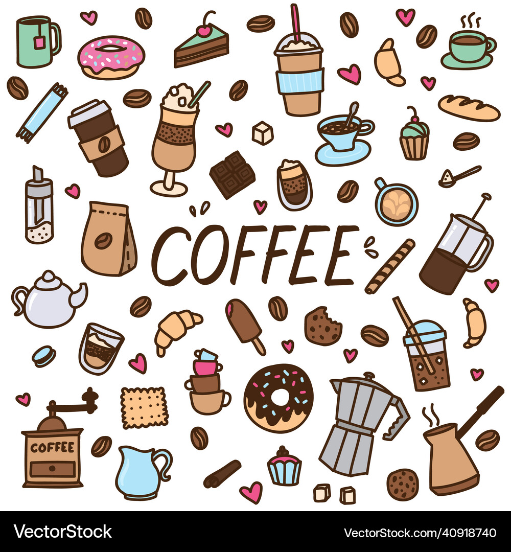 Coffee sticker set cute doodle colorful Royalty Free Vector