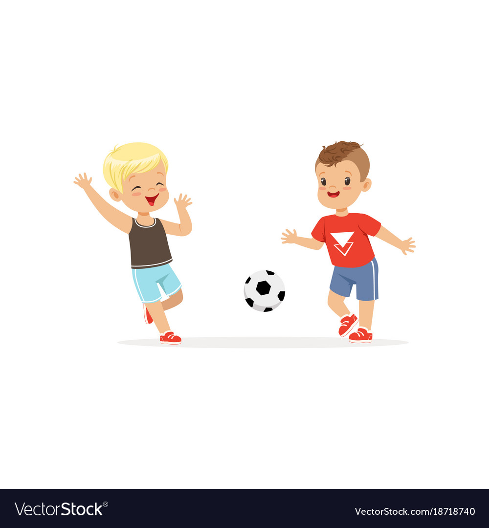 Flat two little boys playing football Royalty Free Vector