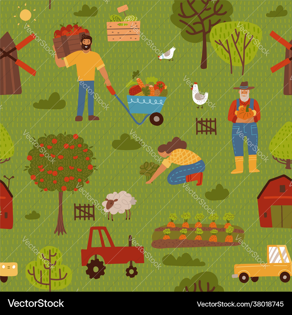 Cute farm seamless pattern with tractors carrots Vector Image