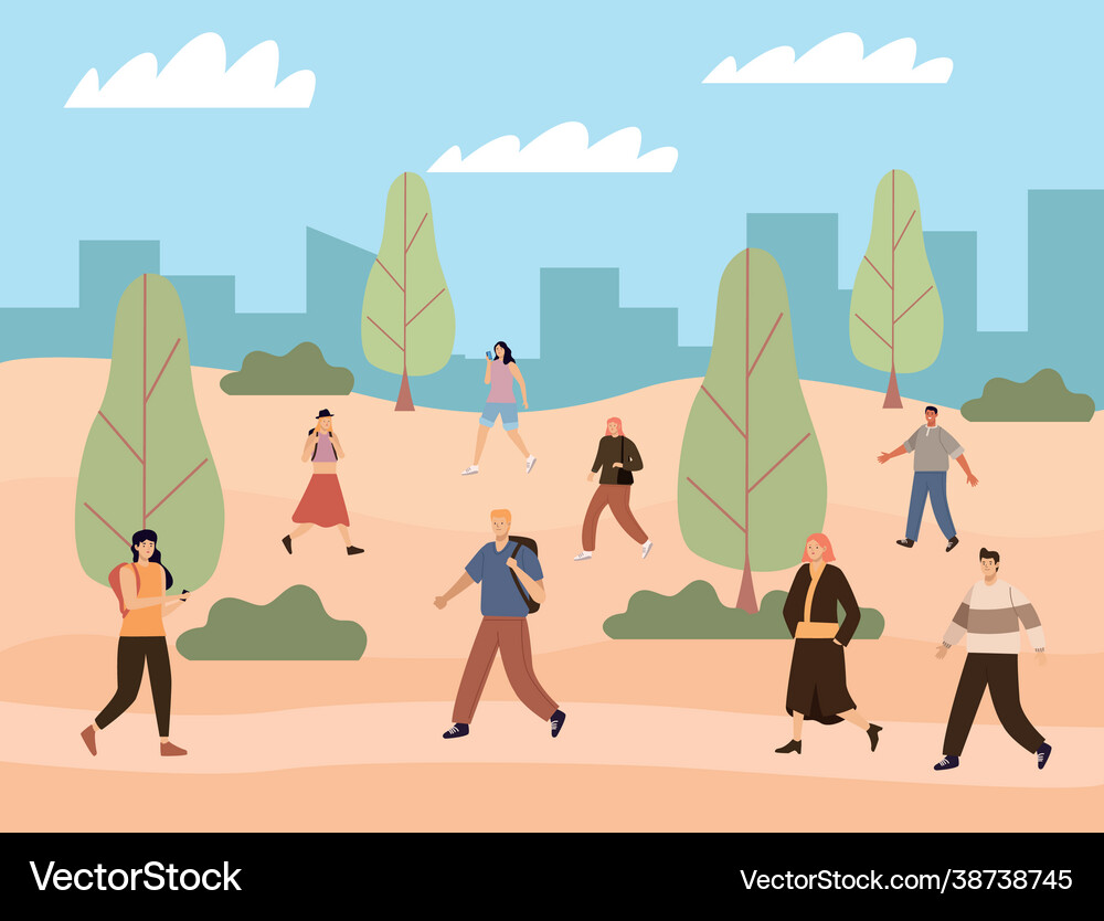 Pedestrians walking in park Royalty Free Vector Image