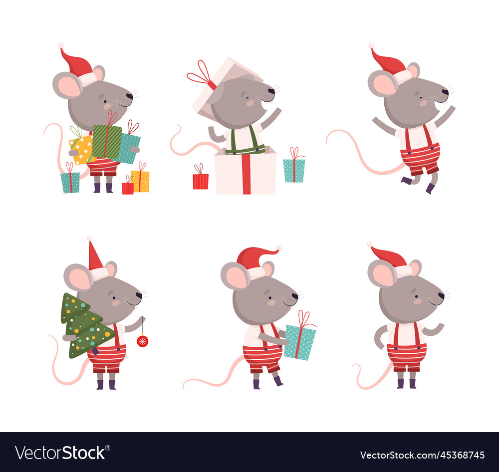 Set of cute mouse in santa claus cap with gift Vector Image