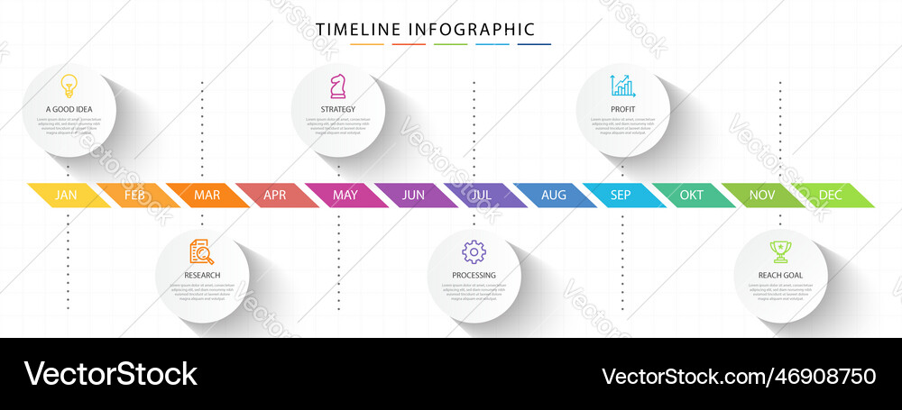 12 months timeline infographic design with 6 steps