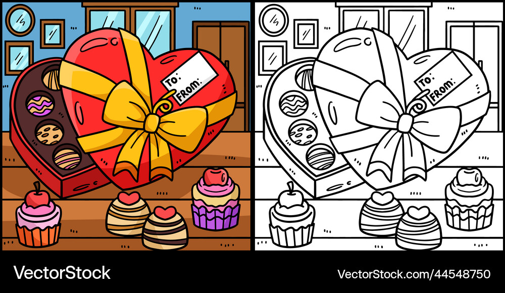 Heart chocolates box coloring page Royalty Free Vector Image