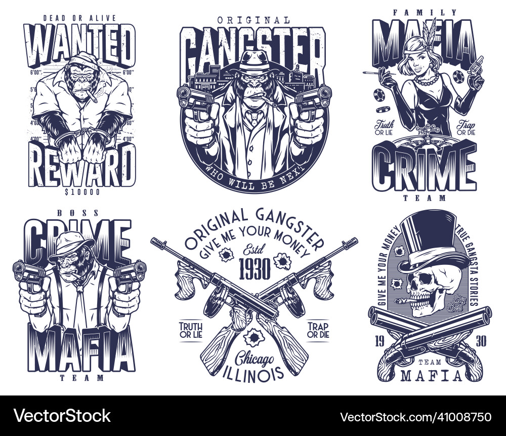 Mafia vintage monochrome label collection Vector Image