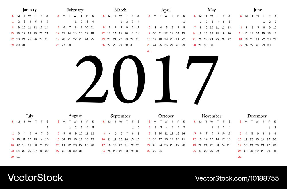 Calendar 2017 week starts from sunday Royalty Free Vector