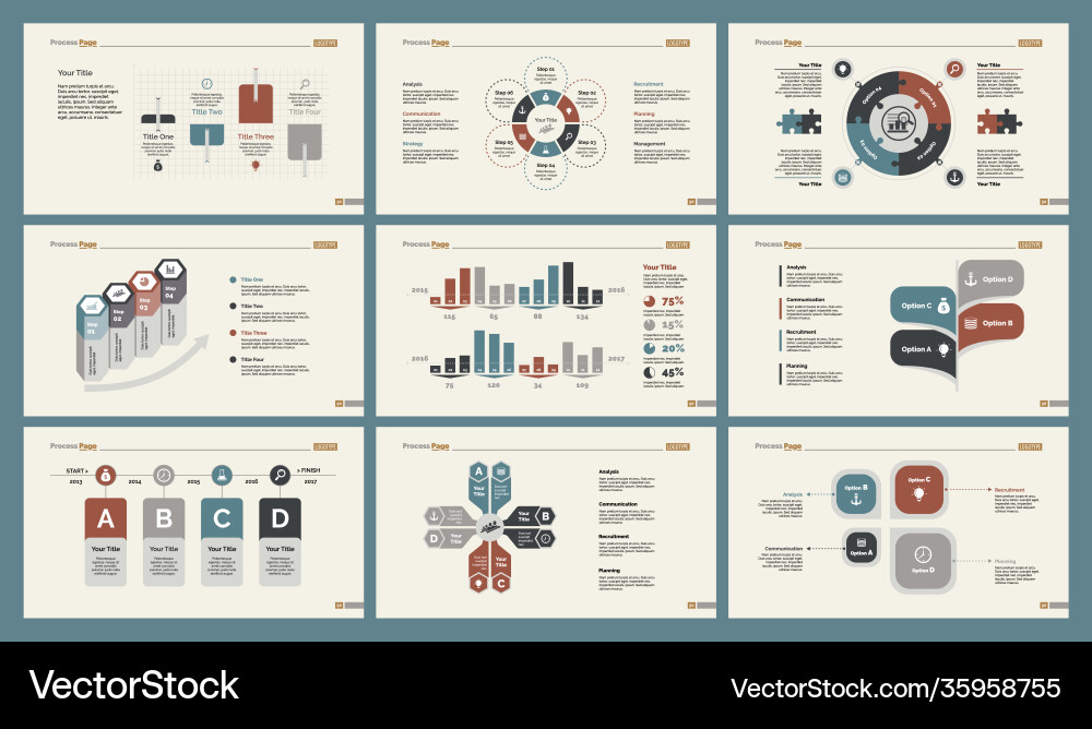 Six research charts slide templates set Royalty Free Vector