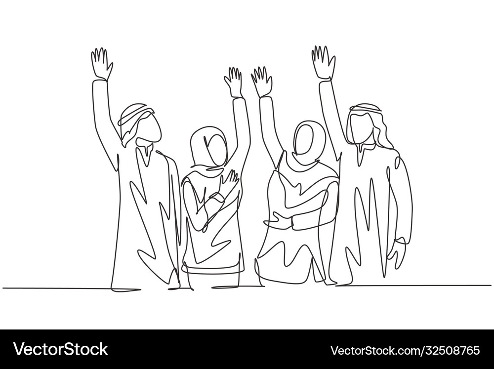One single line drawing young happy muslim Vector Image